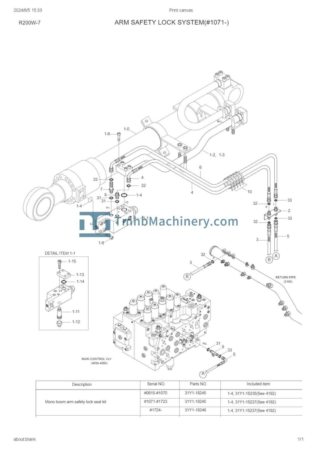 HYUNDAI WHEEL EXCAVATOR R200W-7 MANUAL FOR ARM SAFETY LOCK SYSTEM(#1071-)