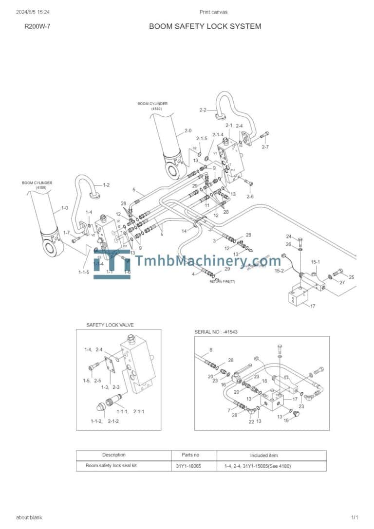 HYUNDAI WHEEL EXCAVATOR R200W-7 MANUAL FOR BOOM SAFETY LOCK SYSTEM